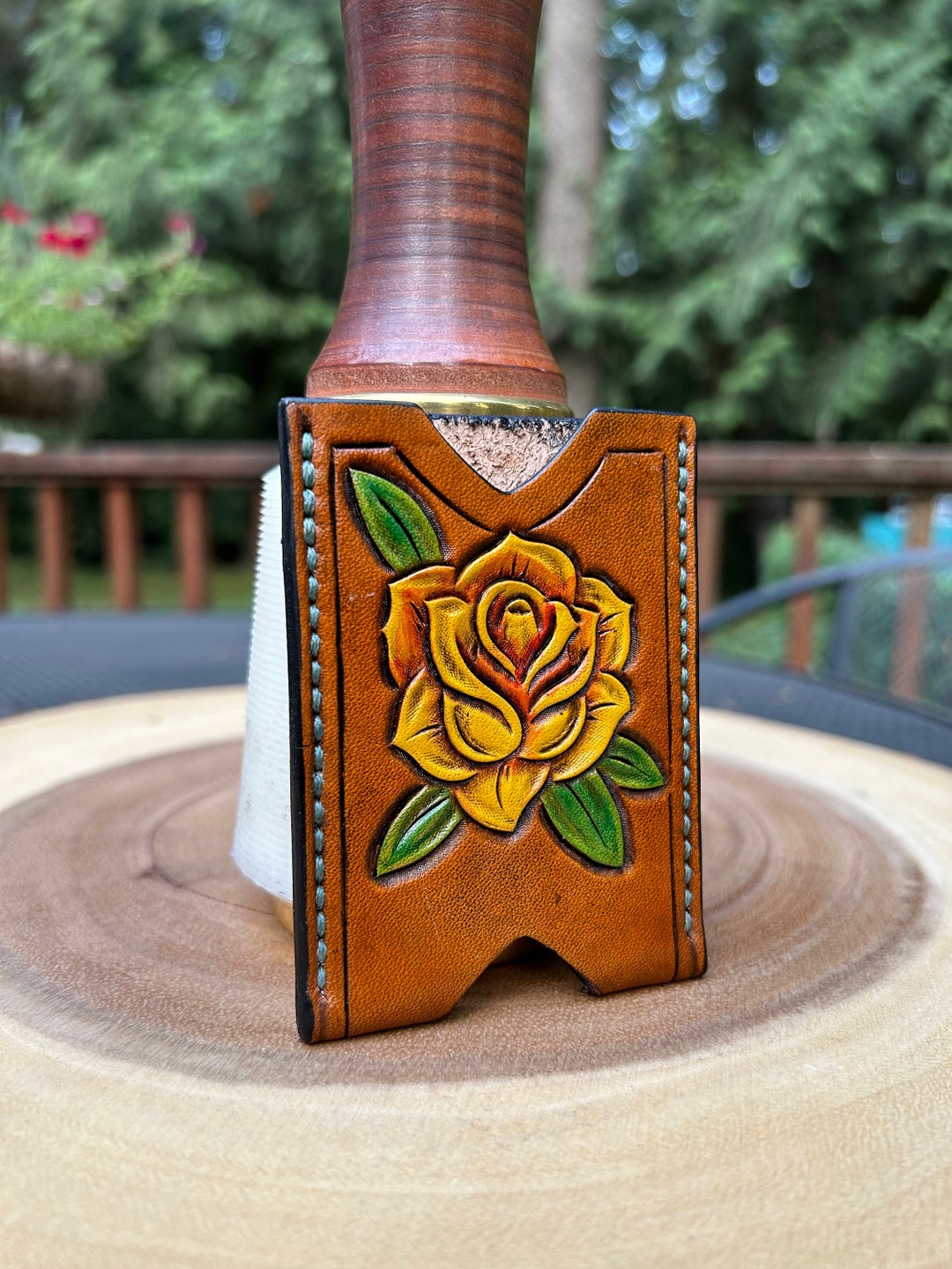 Hand Tooled Leather Card Wallet With Rose - Etsy