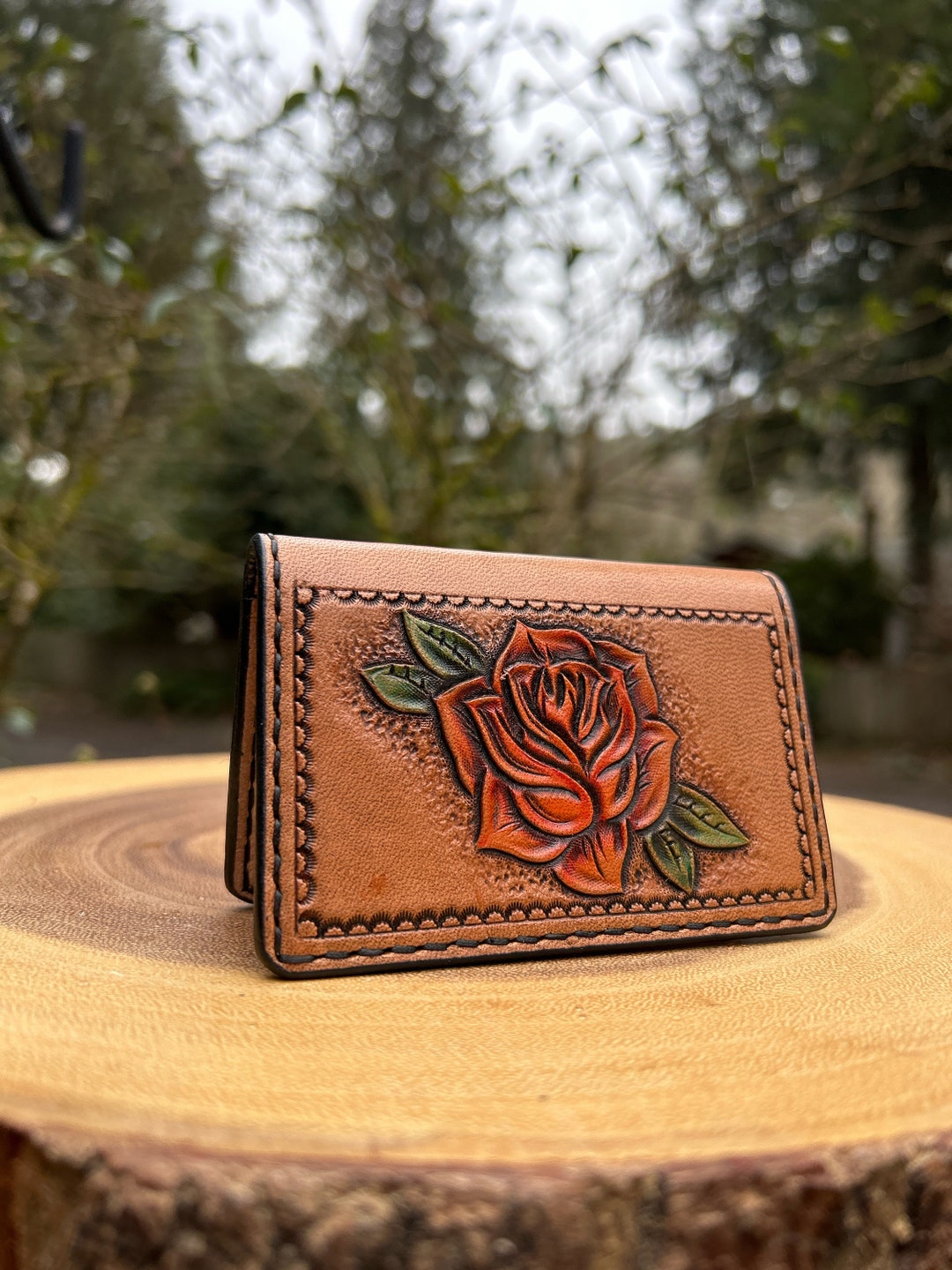 Hand Tooled Leather, 2 Pocket Card Wallet With Rose - Etsy