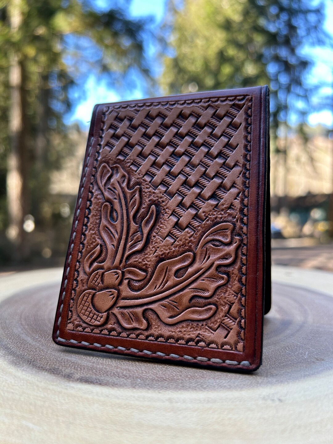 Hand Tooled Leather Bi Fold Wallet With Oak Leaves and Basket Weave - Etsy