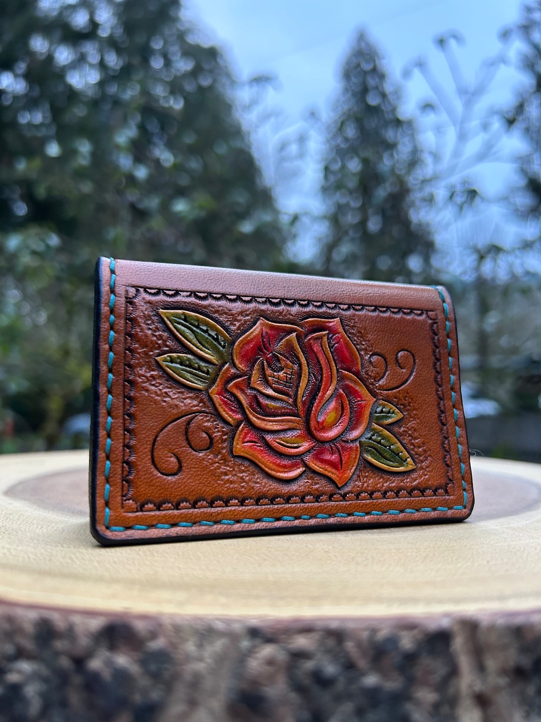 Hand Tooled Leather, 2 Pocket Card Wallet With Rose - Etsy