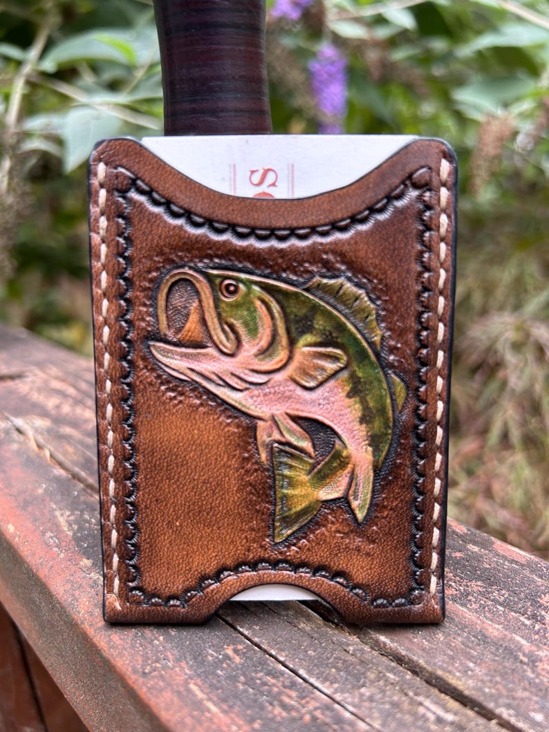 Hand Tooled Leather Card Wallet With Bass - Etsy