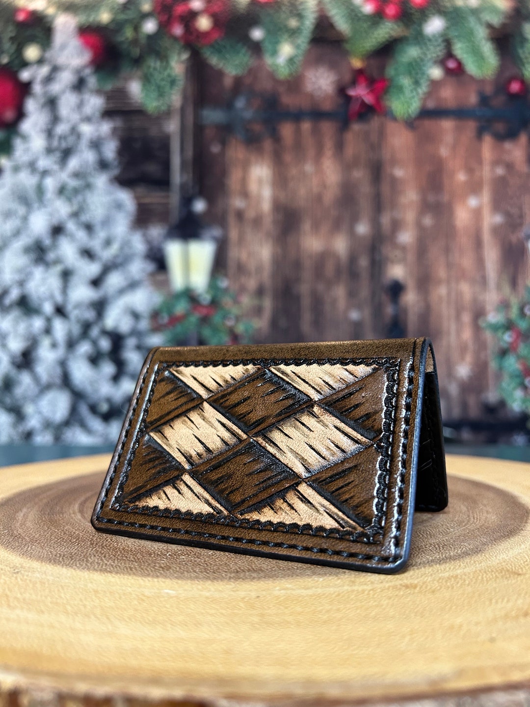 Hand Tooled Leather 2 Pocket Card Wallet With Basket Weave - Etsy