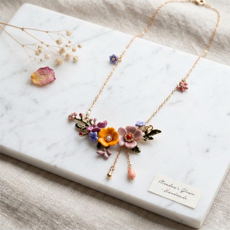 Enamel Flower Necklace | Botanical Delicate Spring Floral Choker ...