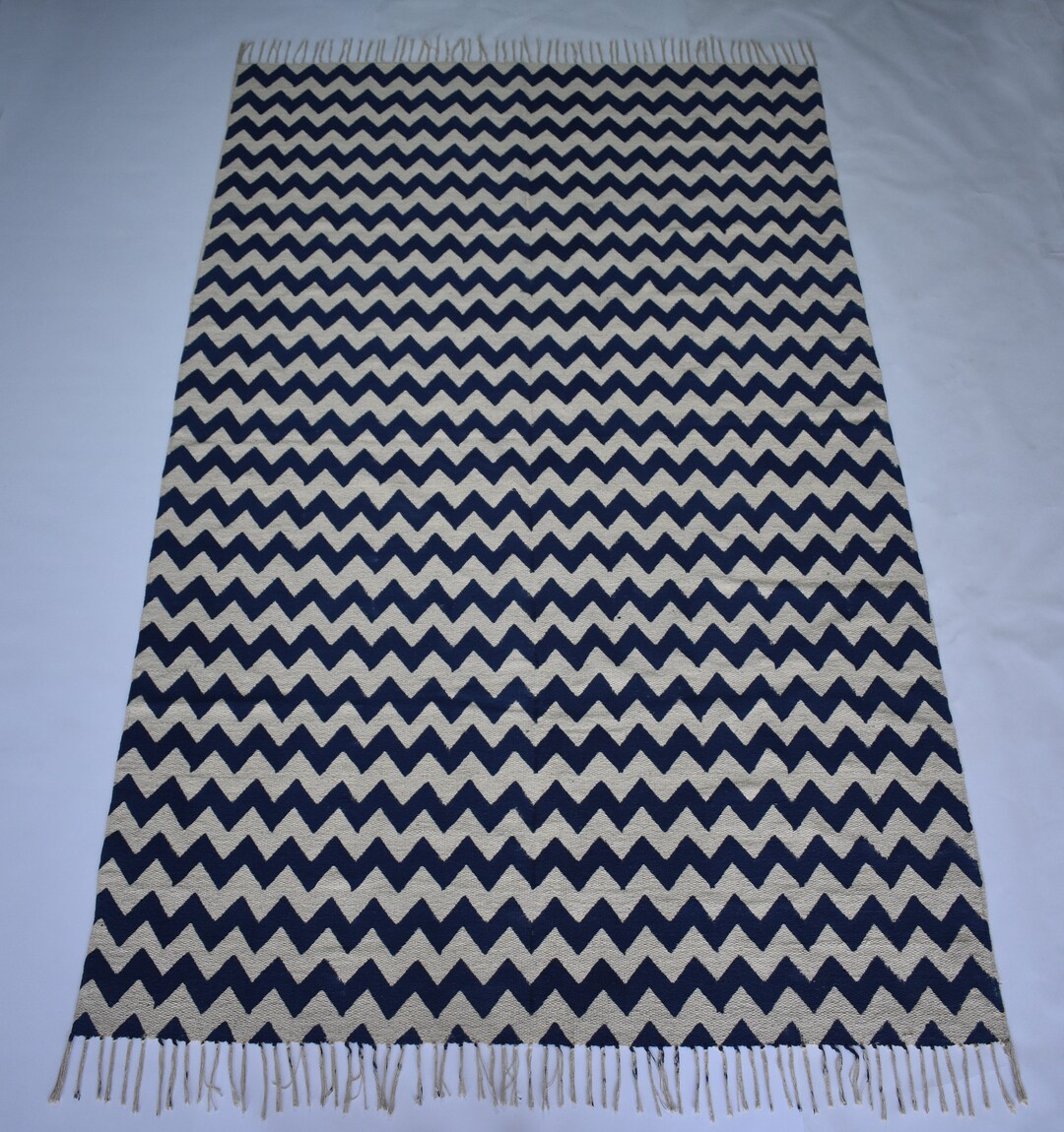 Handmade Cotton Block Print Area Rug, Blue Chevron Home & Garden ...