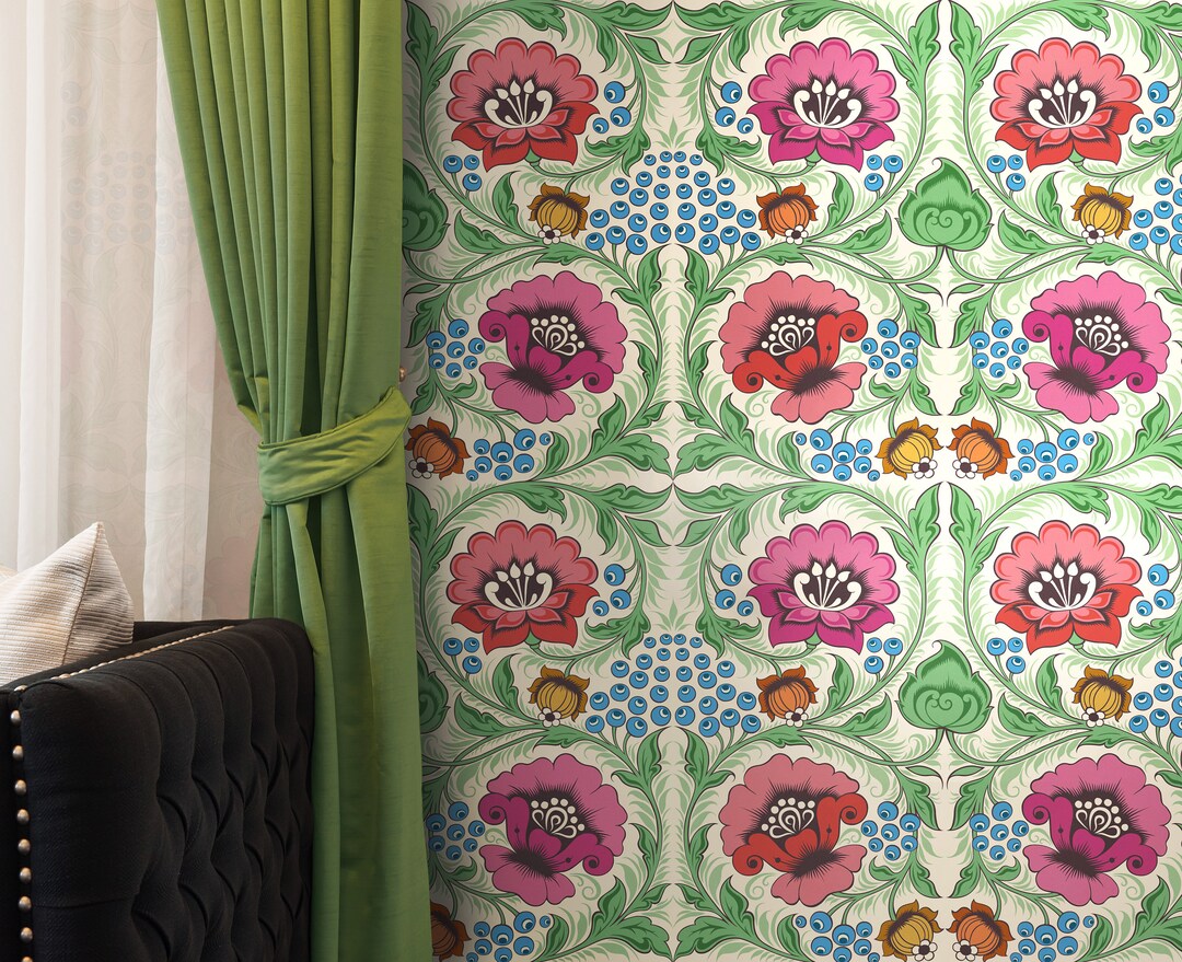 Folk-inspired Floral Wallpaper Sample, Large Pink and Red Flower ...