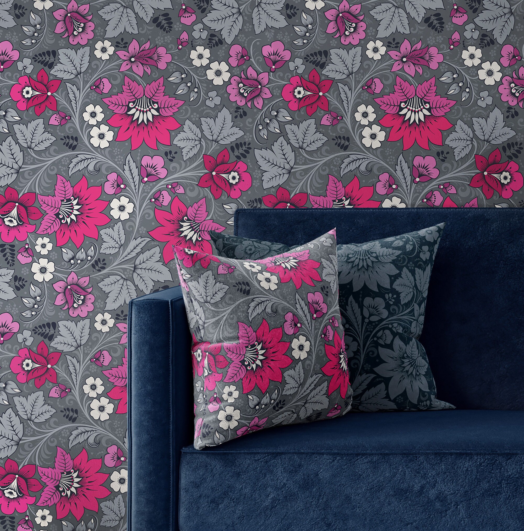 Luxury Floral Velvet Swatch Fuchsia Grey Velvet Hot Pink - Etsy