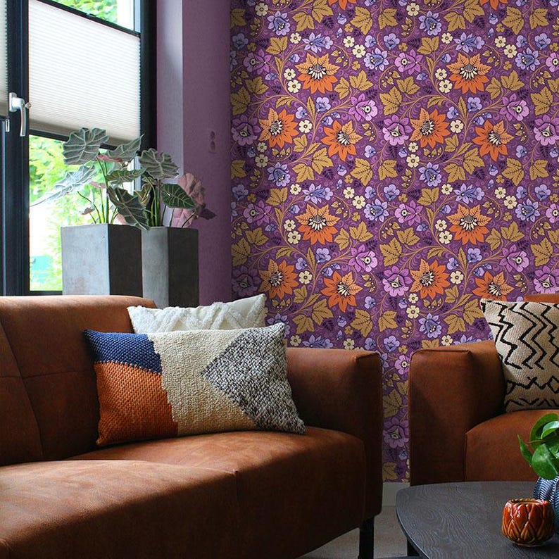 Warm Purple and Orange Floral Wallpaper Sample - Etsy