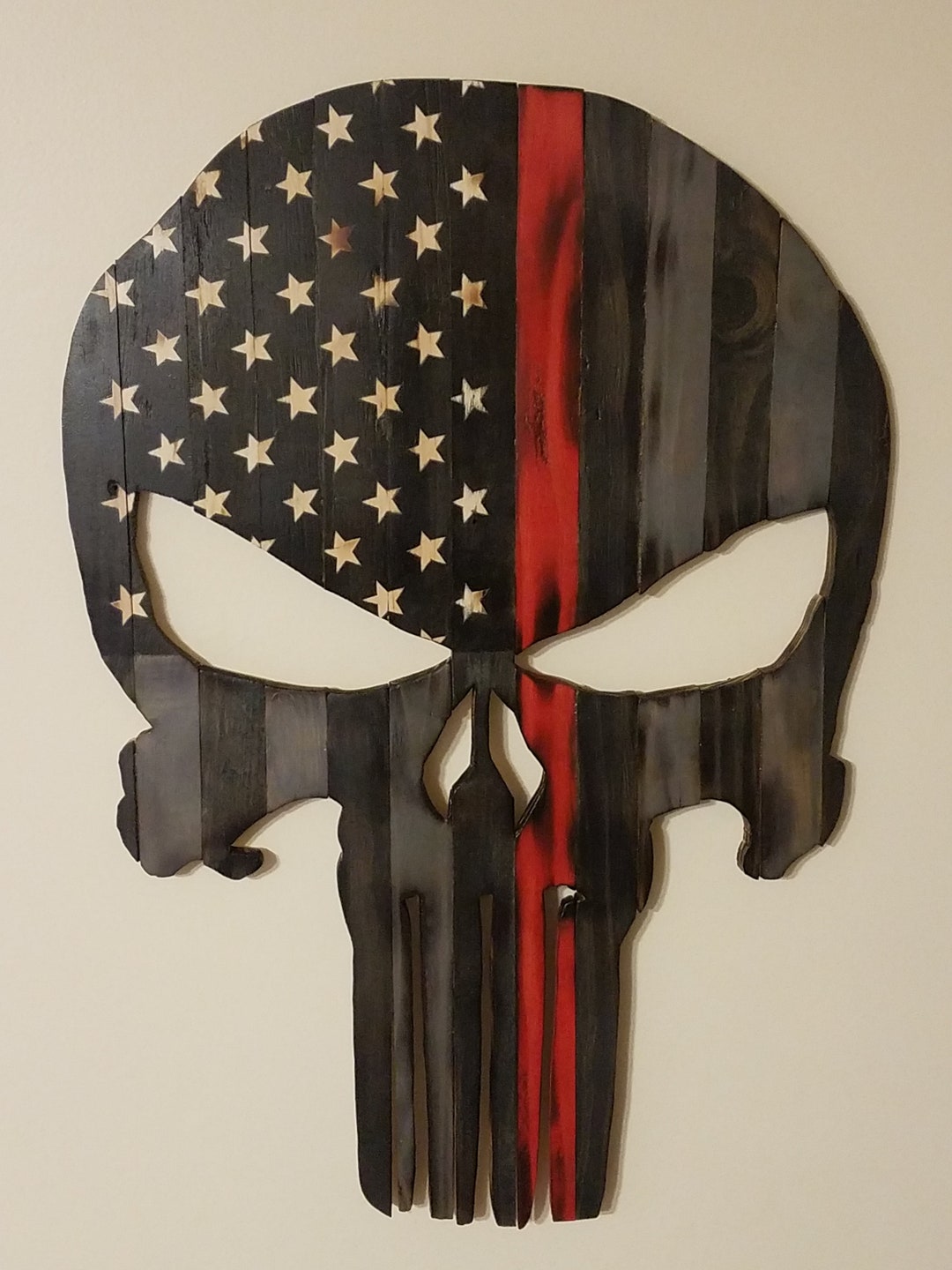 Punisher Skull Wood American Flag - Thin Blue Line - Thin Red Line - Etsy
