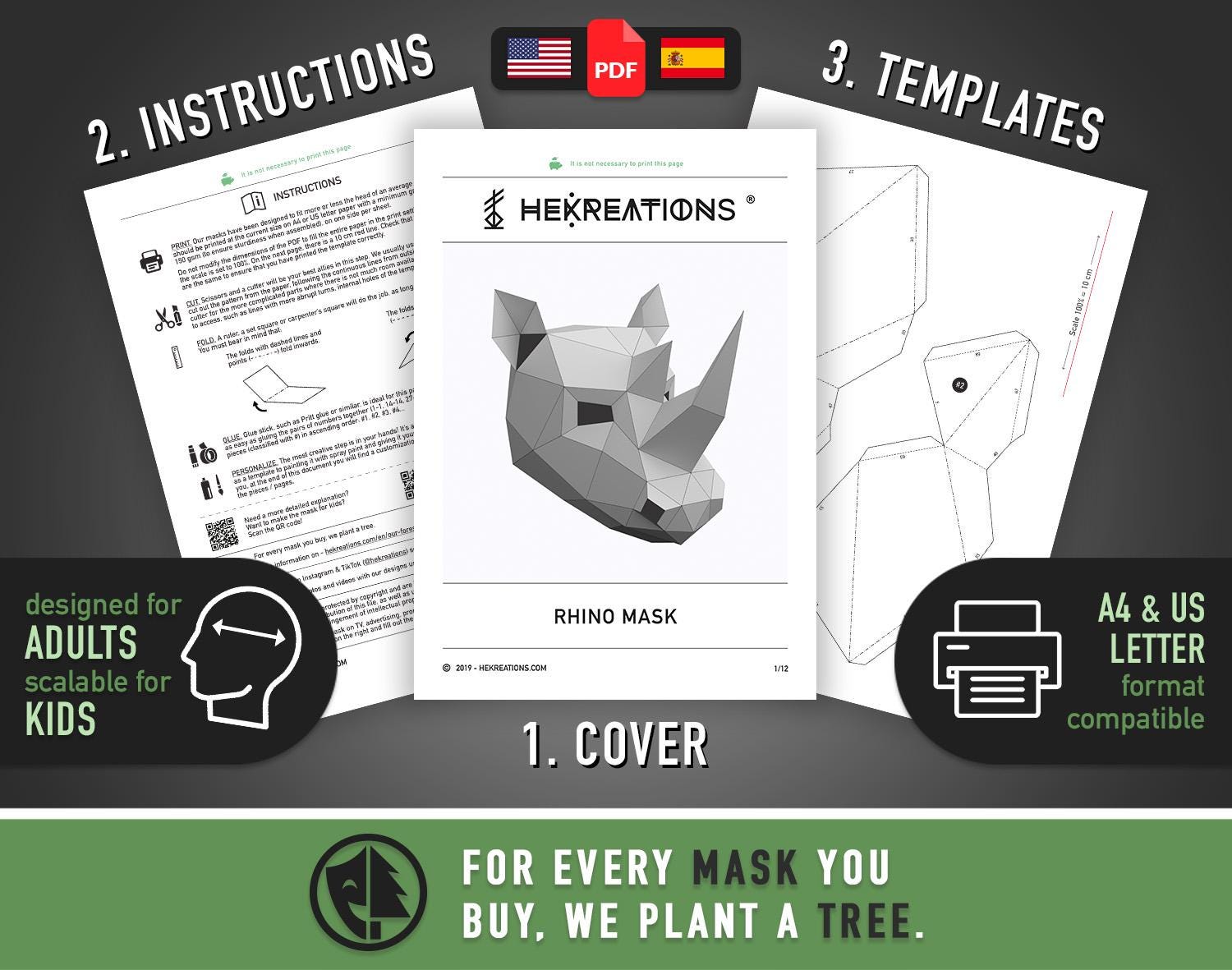 Rhino Mask | DIY Paper Mask, Printable Template, Papercraft, 3D Mask ...