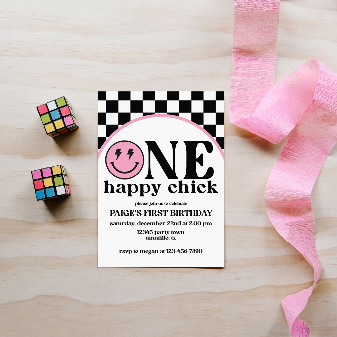 Editable One Happy Chick Birthday Invitation Girl 1st Birthday Invite ...