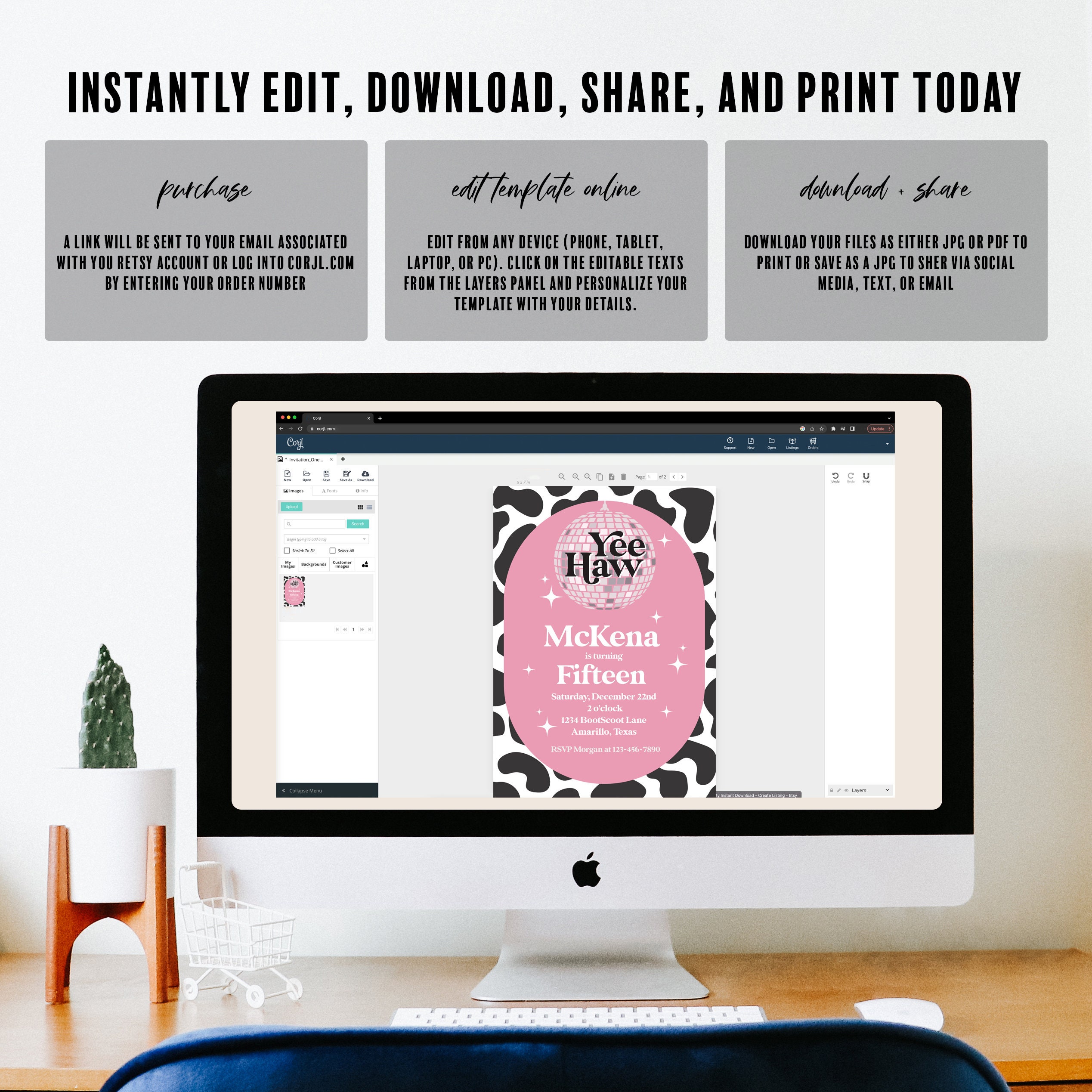 Editable Disco Cowgirl Birthday Party Invitation | Space Cowgirl | Pink ...