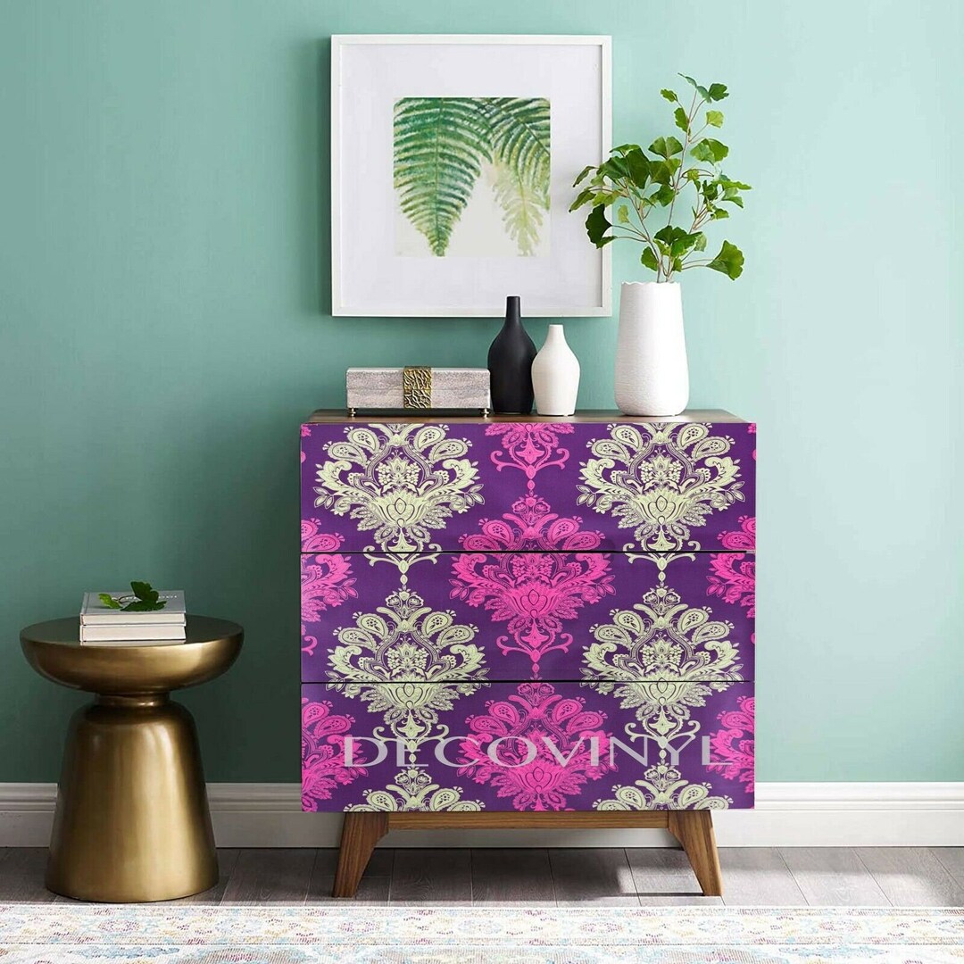 5m X 45cm Purple Damask Sticky Back Plastic Pink Adhesive Wallpaper ...