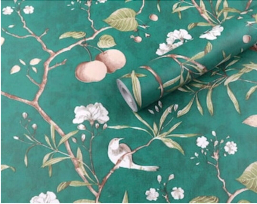 Green Teal Floral Sticky Back Plastic Floral Bird Tree Fablon Art Deco ...