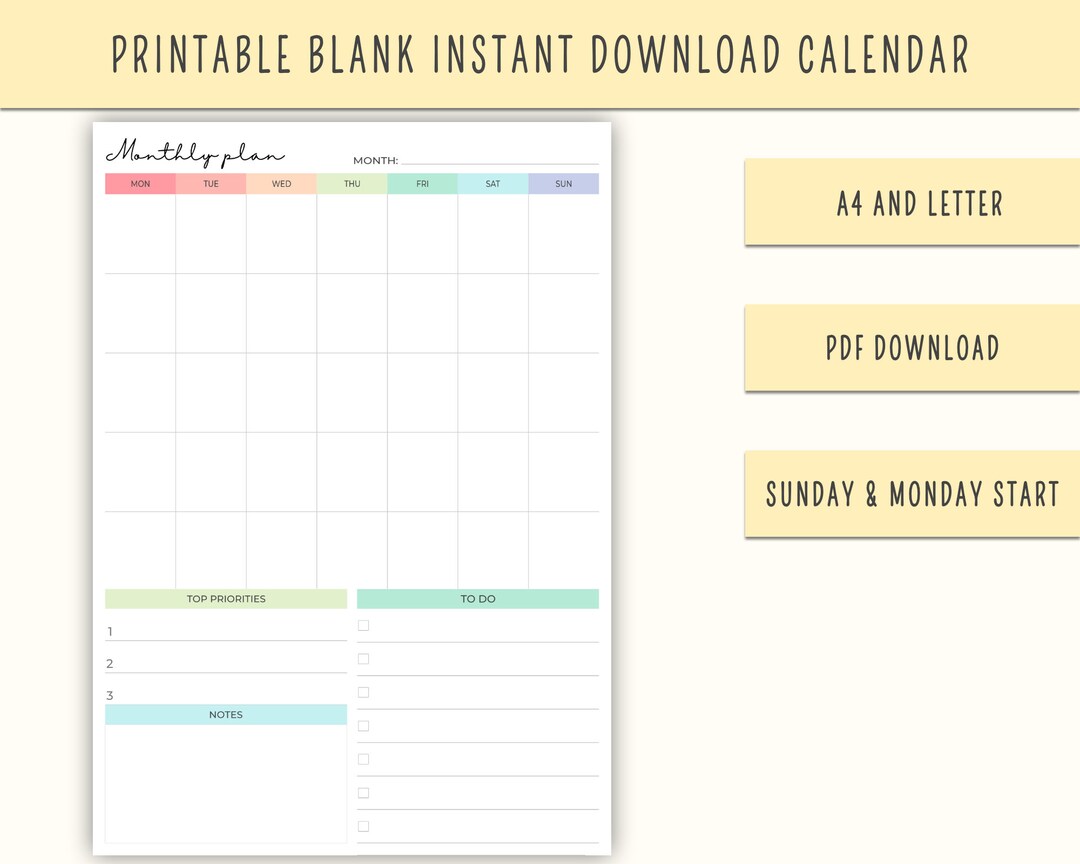 Printable Monthly Calendar, Digital Download, Top Priorities, To-do ...