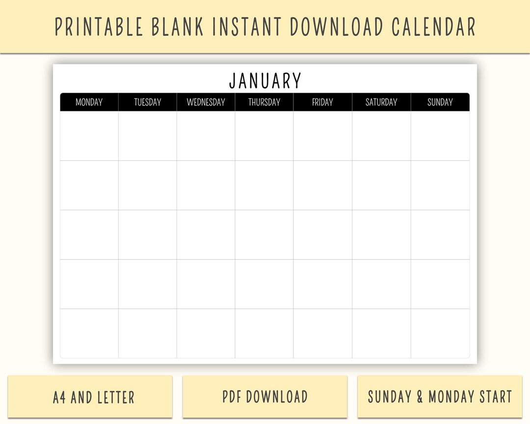 Printable Monthly Blank Calendar: Instant PDF Download, Customizable ...