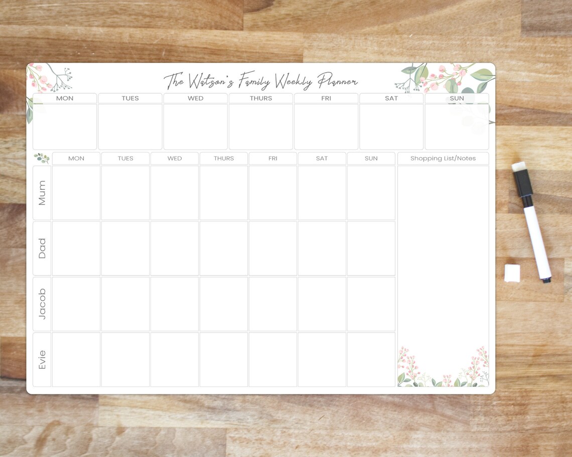Personalised Weekly Family Planner Whiteboard - Large Write and Wipe ...