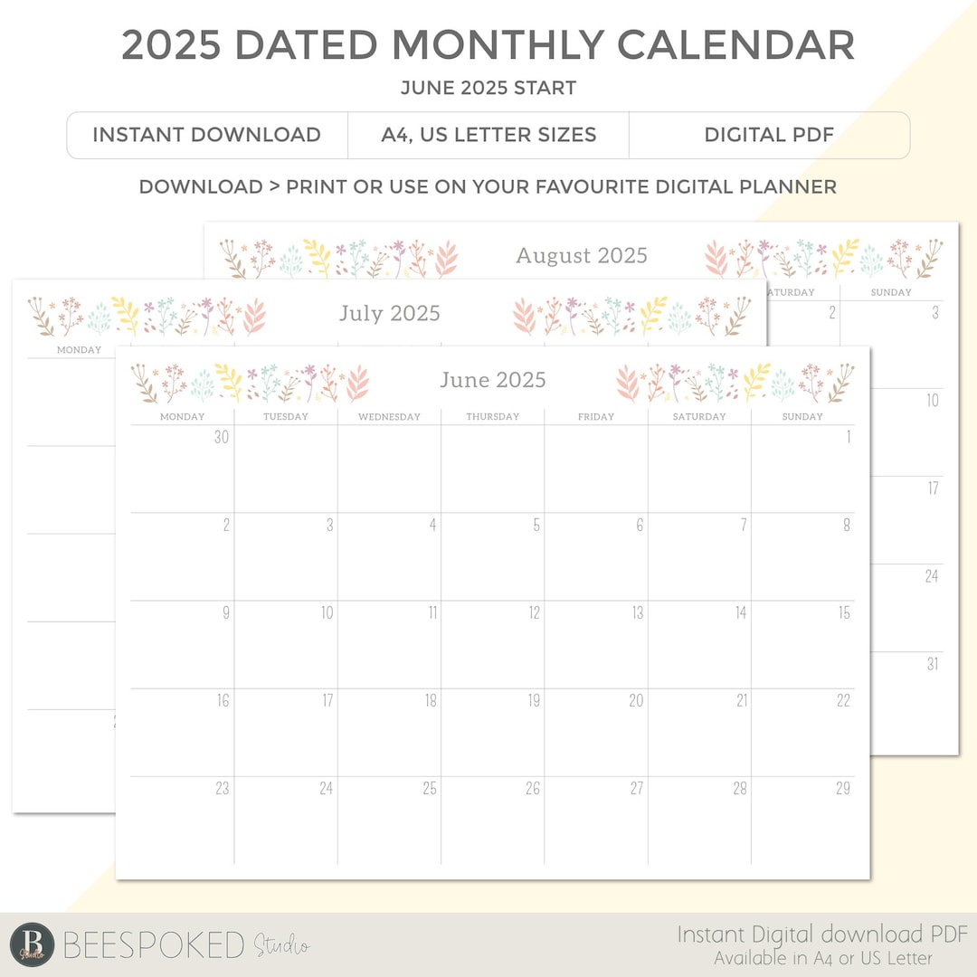 2025 Digital Printable Calendar PDF | Dated Planner Compatible With ...
