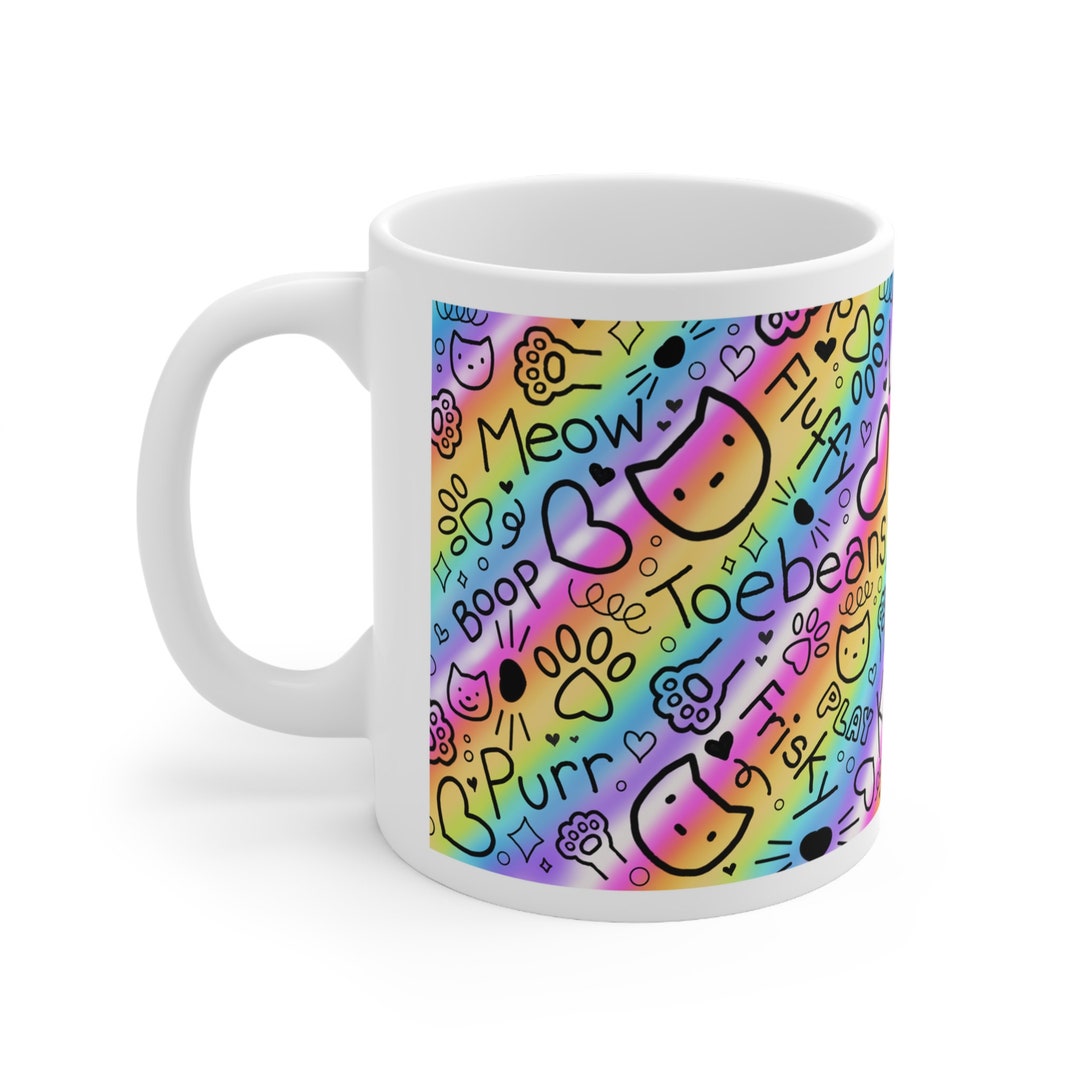 CAT GRAFFITI MUG Rainbow Pastel Love Purr Hug Cuddle Meow Boop Toe ...
