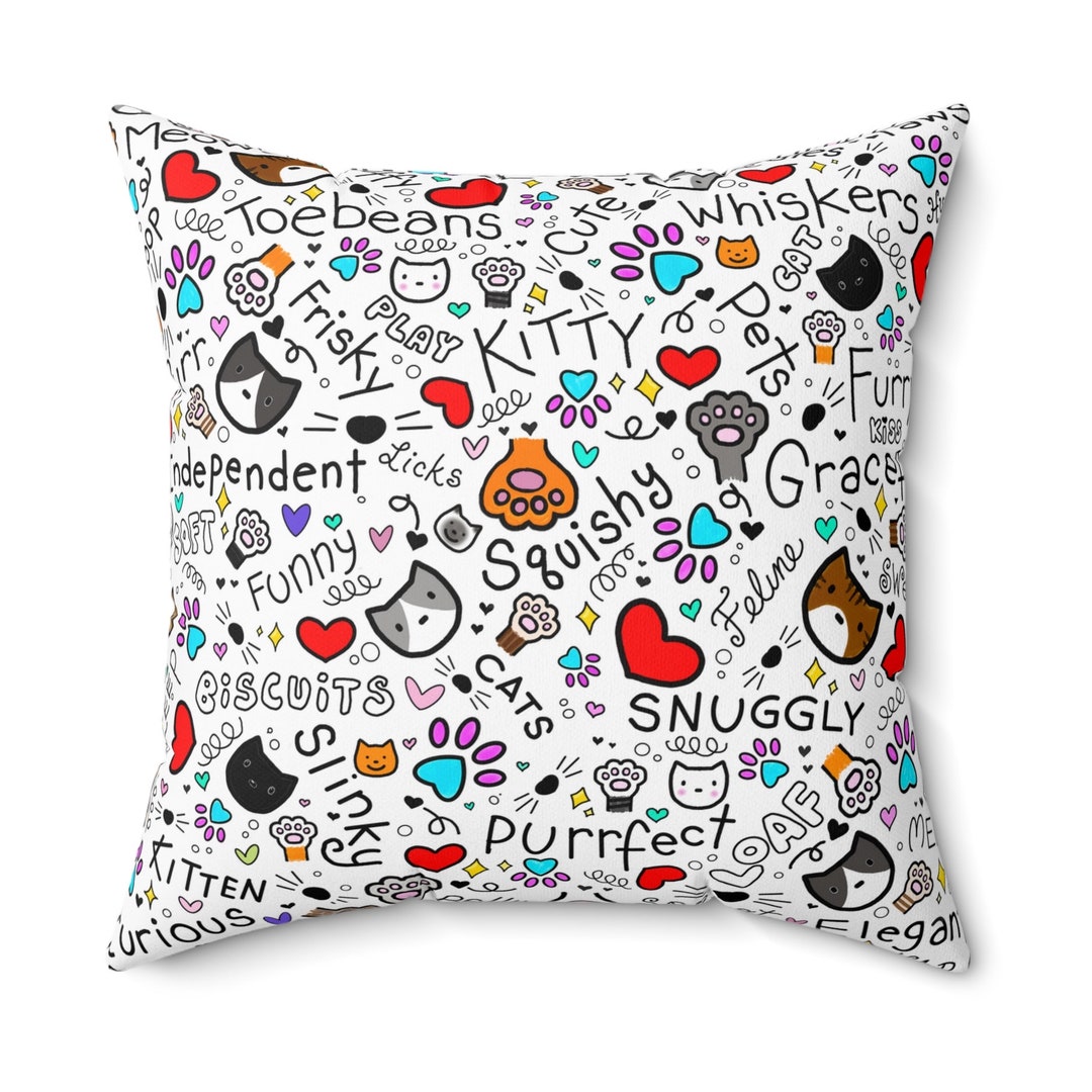 CAT GRAFFITI PILLOW Love Purr Cuddle Meow Boop Toe Beans Cute Whiskers ...