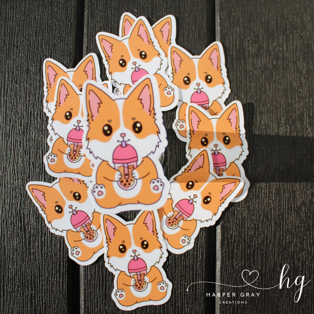 Corgi With Boba Sticker – Cute Aesthetic Boba Tea Dog Vinyl Decal for ...