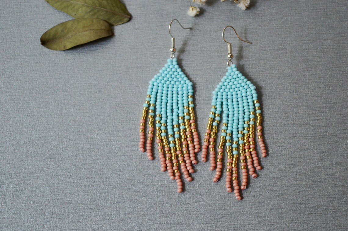 Turquoise and Gold Native Beaded Fringe Earrings Gift for - Etsy