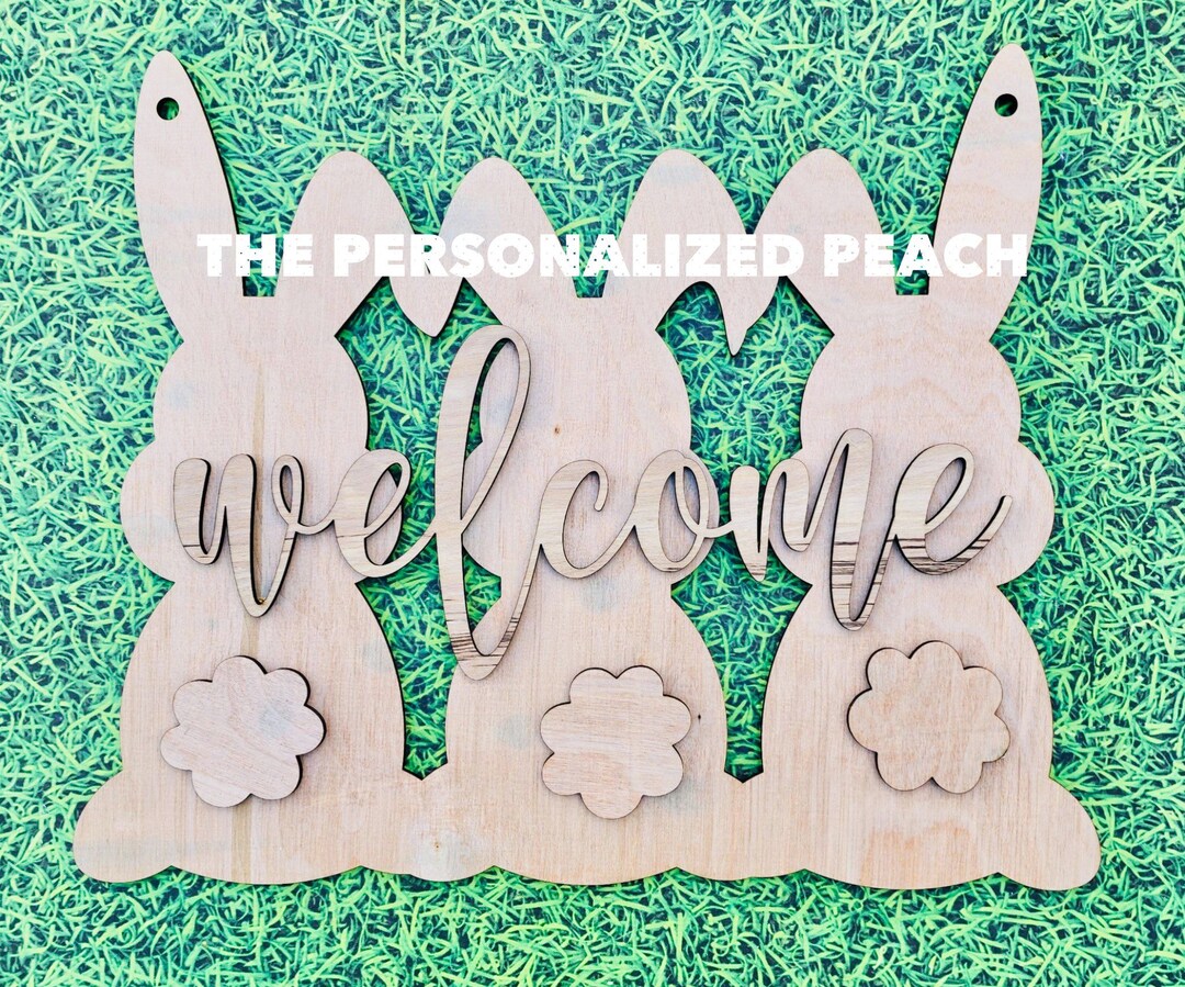 Triple Bunny Welcome Door Hanger Blank Wood Shape/ Sitting Bunny Trio ...