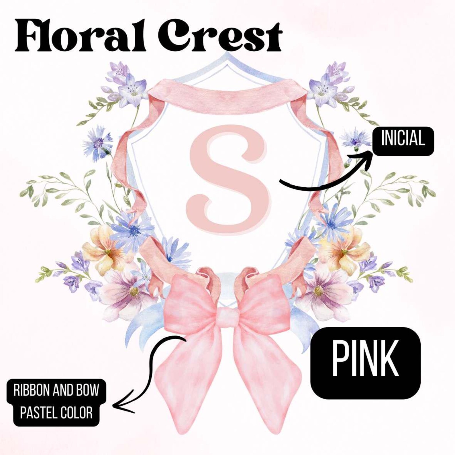 Watercolor Floral Crest Pink & Purple– Digital Clipart Download ...