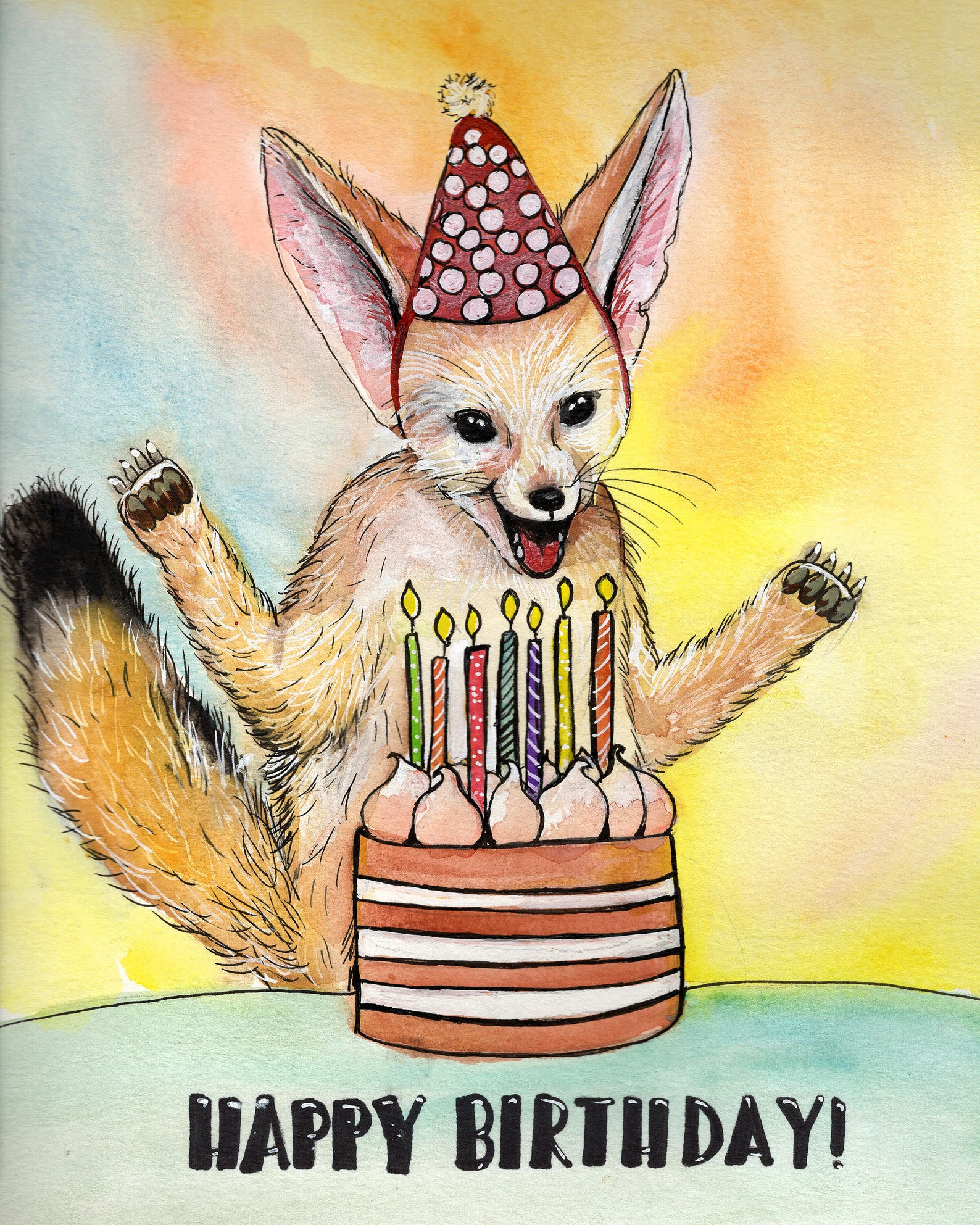 Watercolor Whimsical Fennec Fox Happy Birthday Postcard 5 X 7 - Etsy
