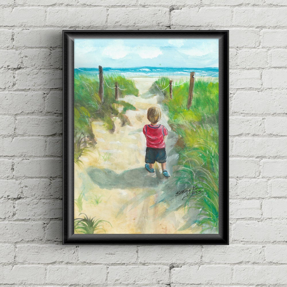 Watercolor Boy Walking at Beach Painting Art Print by Bethany Kerr - Etsy
