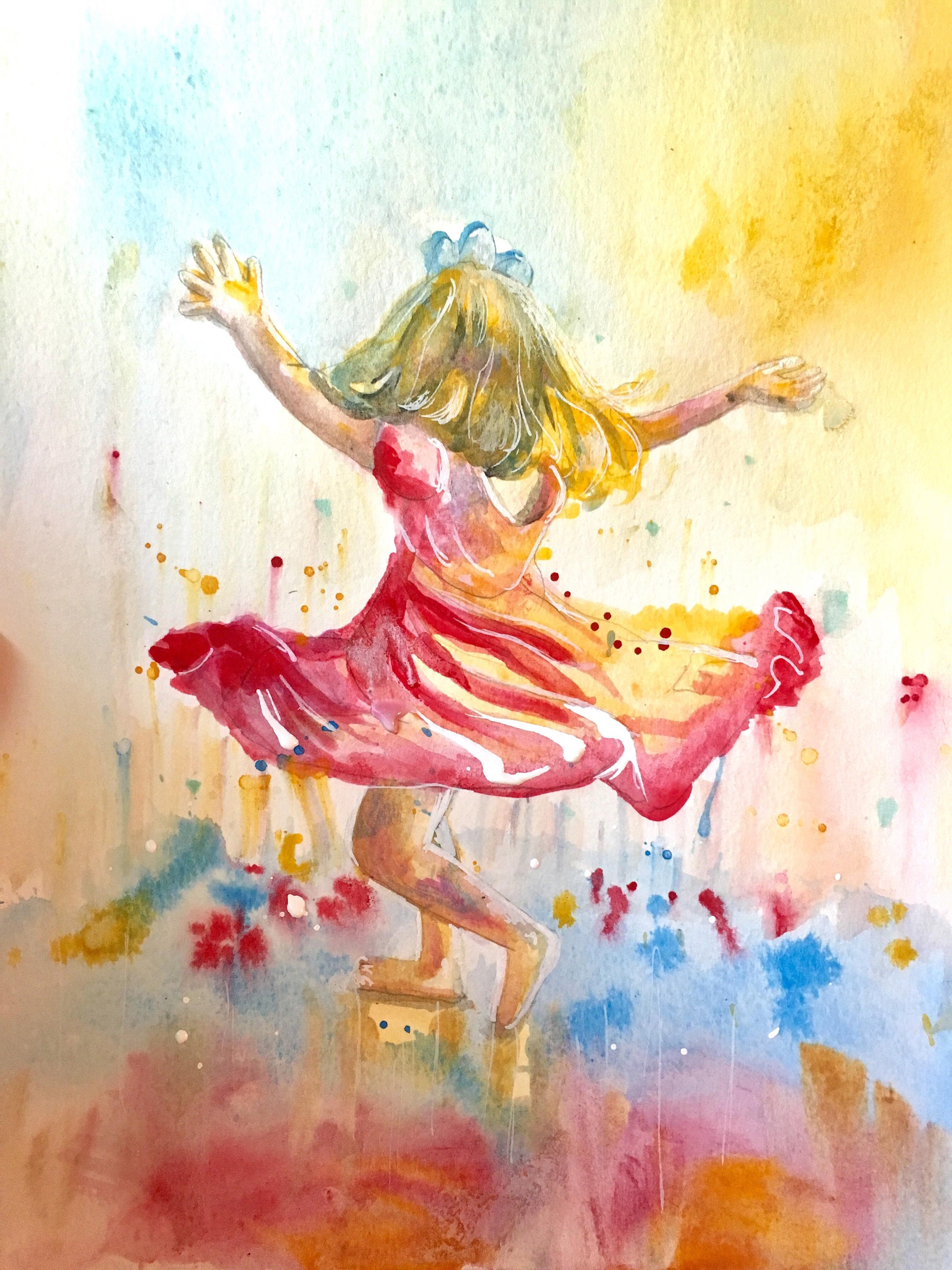 Watercolor Print of Little Girl Dancing in the Rain by Bethany - Etsy