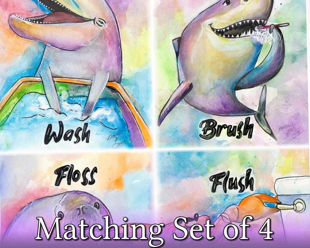 Set of 4 Coastal Watercolor Prints - Dolphin, Shark, Walrus, Crab ...