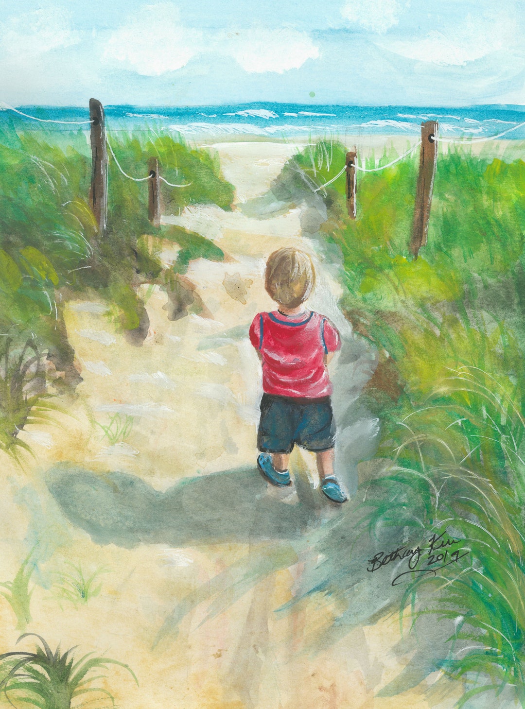 Watercolor Boy Walking at Beach Painting Art Print by Bethany Kerr - Etsy