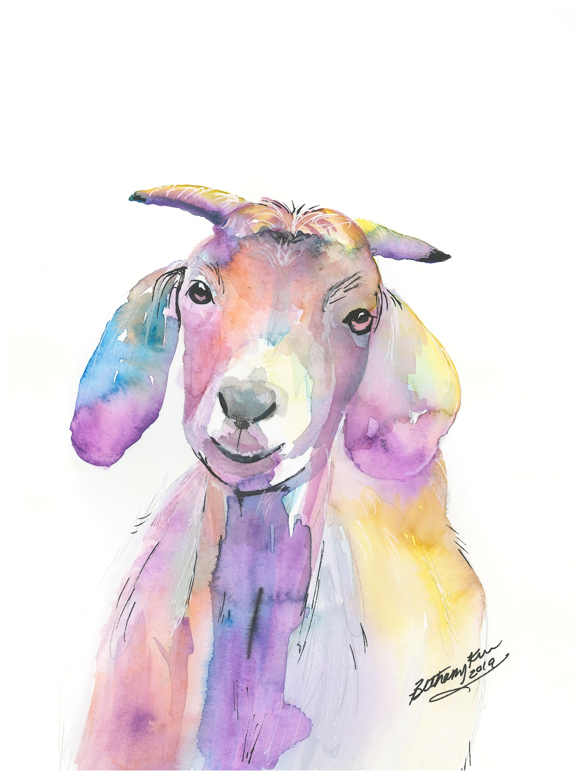 Watercolor Colorful Goat Painting Art Print by Bethany Kerr - Etsy