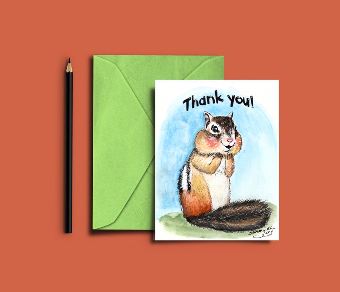 Watercolor Whimsical Thank You Chipmunk Postcard 5 X 7 Art Print by ...