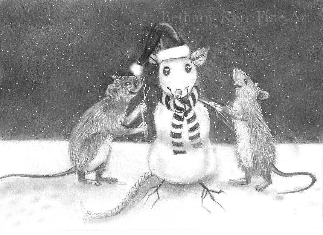 Christmas Whimsical Mice Building Snowman Mouse - Winter Holiday Spirit ...