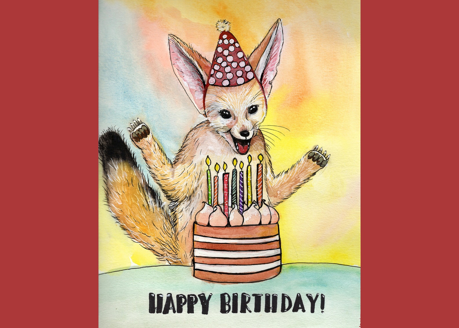 Watercolor Whimsical Fennec Fox Happy Birthday Postcard 5 X 7 | Etsy