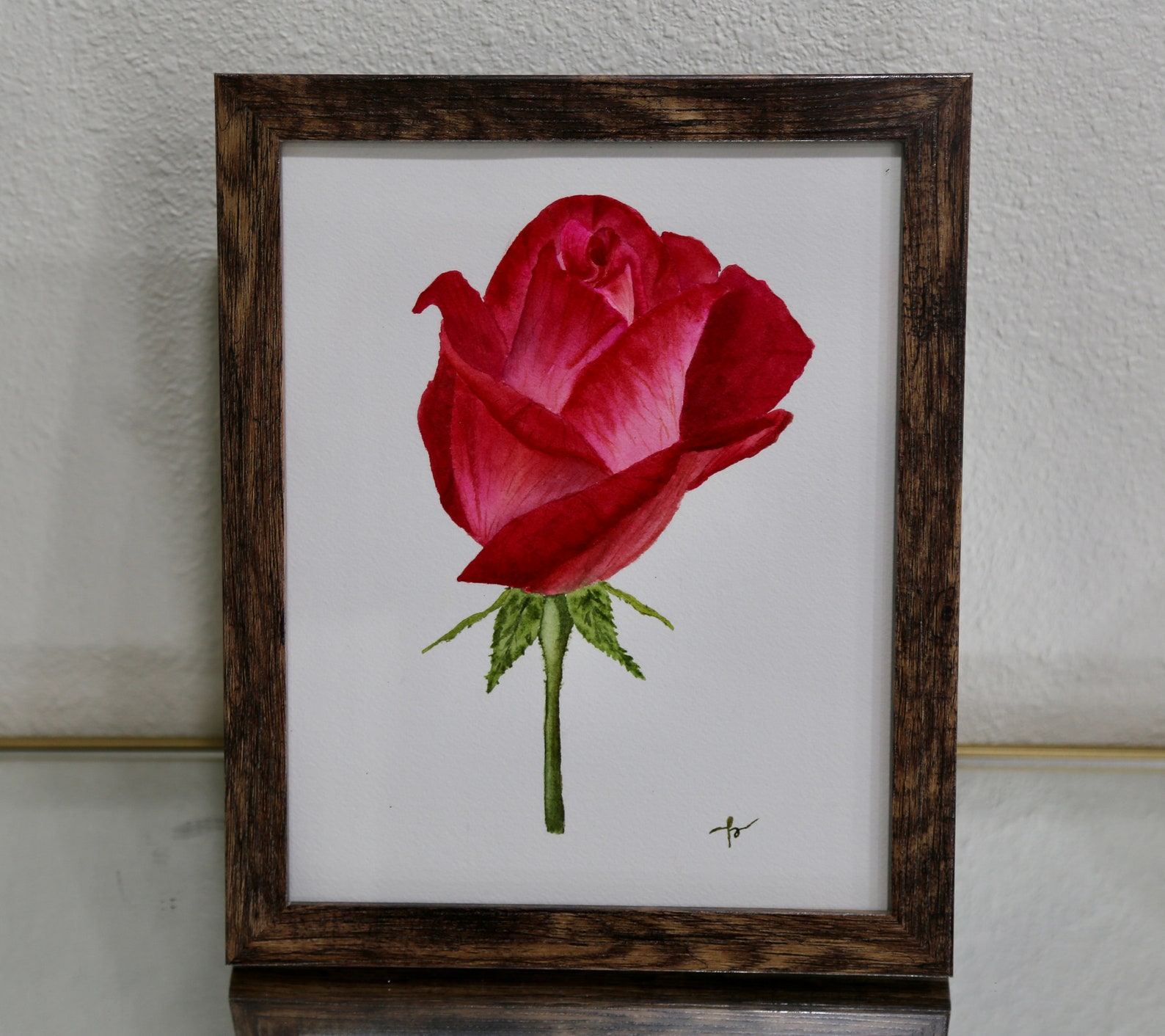 Original Watercolor Painting of a Red Rose/ Framed Painting/ Floral Art ...
