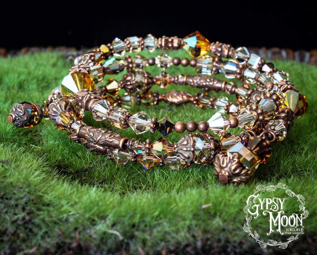 Copper and Topaz Sparkly Crystal Bracelet | Memory Wire Layered Earthy ...