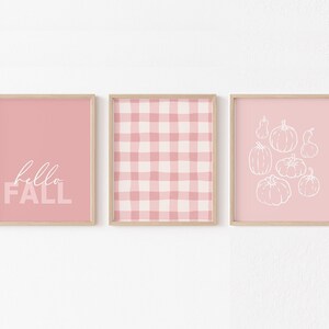 Pink Fall Wall Art PRINTABLE, Blush Pumpkin Print Set, Boho Gingham ...