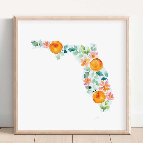 Florida Watercolor Art Print Florida State Wall Art Floral - Etsy