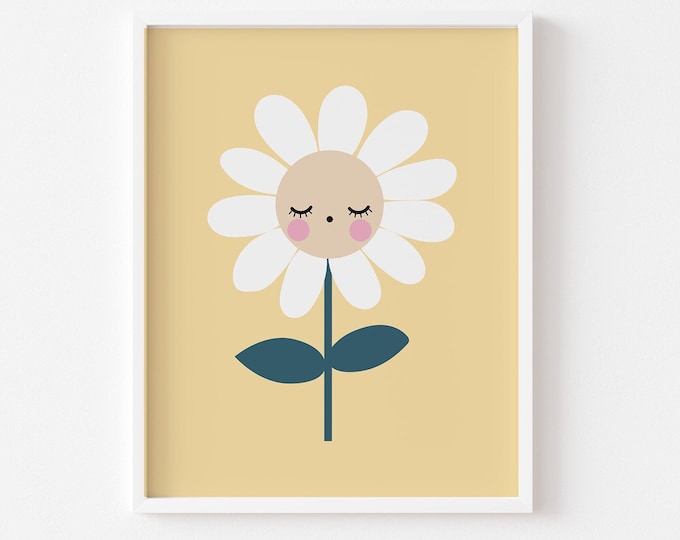 Yellow Daisy Nursery Wall Art, Neutral Modern Daisy Decor, Kids Pastel ...