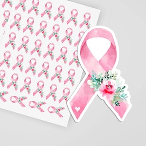 Pink Ribbon Breast Cancer Stickers, Watercolor Floral Seals, Breast ...