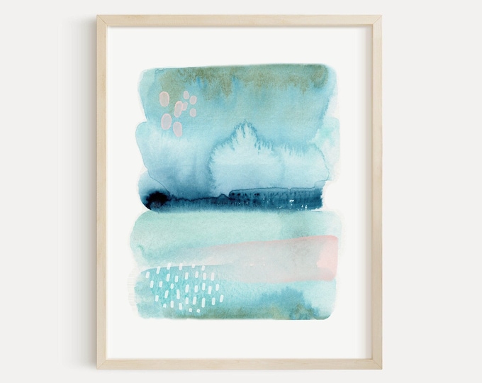 Coastal Abstract Wall Art, Watercolor Ocean Abstract Painting, Blue ...