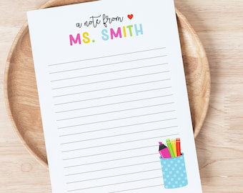 Teacher Note Pad Personalized, Colorful Custom School Stationery, Cute ...