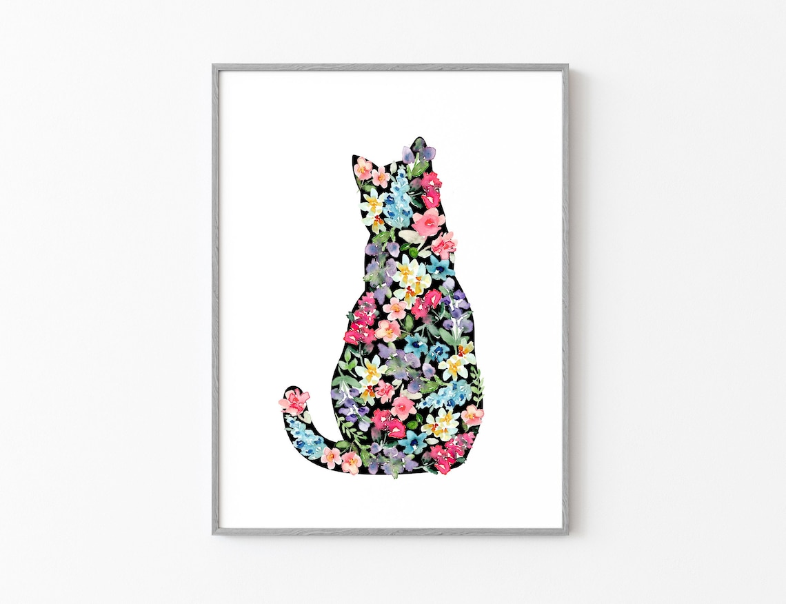 Colorful Floral Cat Art Print Wildflower Pattern Pet Wall - Etsy