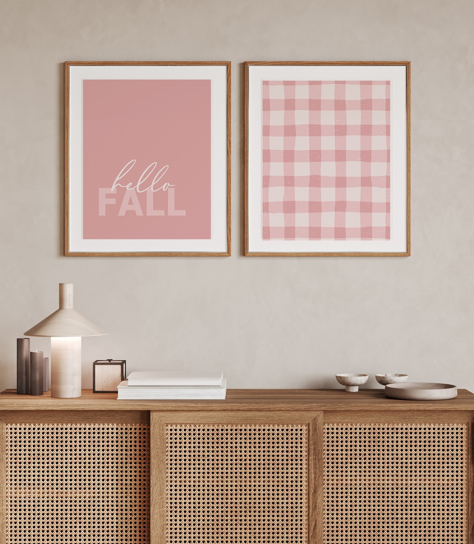 Pink Fall Wall Art PRINTABLE, Blush Pumpkin Print Set, Boho Gingham ...