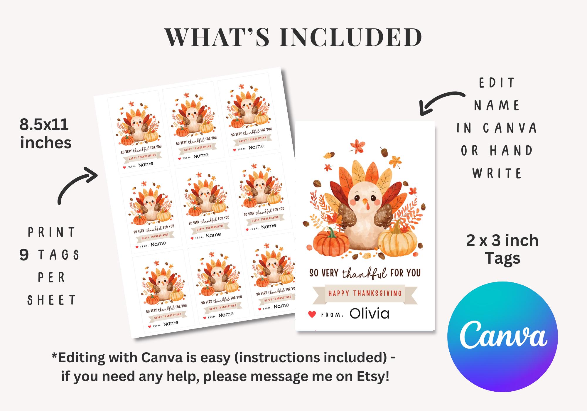 Thanksgiving Gift Tags PRINTABLE, Cute Turkey & Fall Leaves, so Very ...