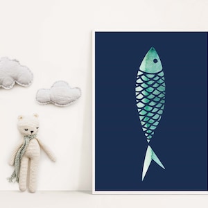 Blue Fish Art PRINTABLE, Digital Coastal Nursery Wall Art, Kids Sea ...