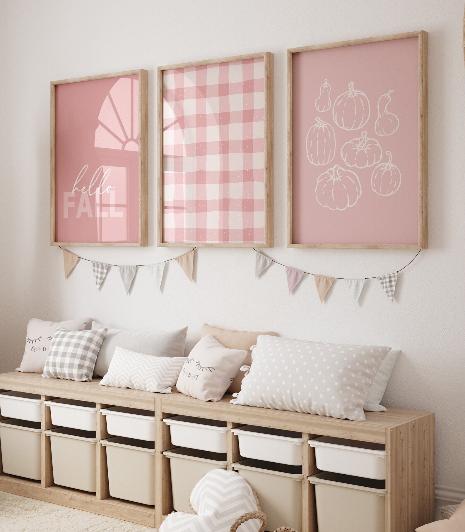 Pink Fall Wall Art PRINTABLE, Blush Pumpkin Print Set, Boho Gingham ...