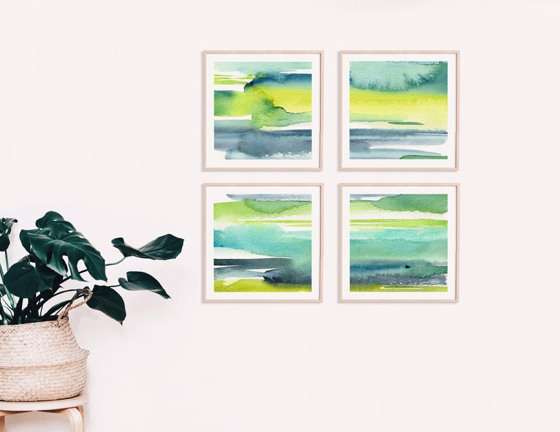 Lime Green Abstract Art Print Set of 4 Modern Spring Wall | Etsy